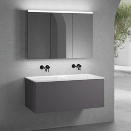 neoro n50 Unterschrank B: 120 cm mit 1 Auszug, Doppelwaschtisch ohne Hahnloch wei&szlig;, mit Spiegelschrank f&uuml;r die Schweiz,, BN0099WH+BN0434GR+BN0488MI,