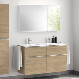 evineo ineo4 Unterschrank B: 121 cm, 4 Ausz&uuml;ge, mit Griff, Doppelwaschtisch wei&szlig;, mit Spiegelschrank,, BE0244WH+BE0203OA+BEA004MI+BL001197,