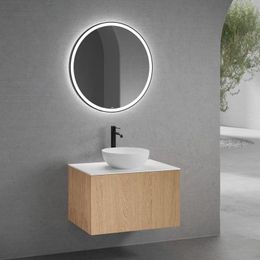 neoro n50 Unterschrank B: 80 cm mit 1 Auszug, mit glatter Eichenfront, Waschtisch &Oslash; 40 cm wei&szlig; matt, Konsole wei&szlig; matt, mit Spiegel,