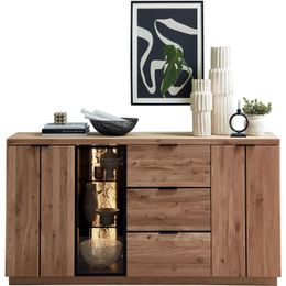 Sideboard Wohnconcept "Donna Sideborad, 180x93x48 (BxHxT)", wildeiche bianco, anthrazit, B:180cm H:93cm T:48cm, ABS-Kunststoff, Aluminium, Glas, Holzwerkstoff, Massivholz, Metall, Sideboards, Sideboard, Beleuchtung optional bestellbar, 3 t&uuml;rig, 3 Schubkasten, Softclose