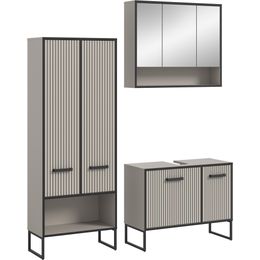 Badezimmer-Set Welltime "LOCRI, 3-tlg. Badkombination, Breite 154 cm, Rillenoptik, Metallkufen", beige (kaschmir, schwarz), Holzwerkstoff, Kastenm&ouml;bel-Sets, Bad-Kombination, Bad-M&ouml;bel, Badezimmer, Kombination, Kombi
