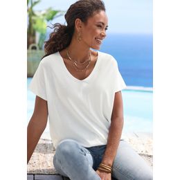 Kurzarmpullover Vivance, Damen, Gr. 32/34, creme, Feinstrick, Obermaterial: 65% Viskose, 35% Polyamid, unifarben, figurumspielend h&uuml;ftlang, V-Ausschnitt, Pullover, aus Feinstrick, lockeres Strickshirt
