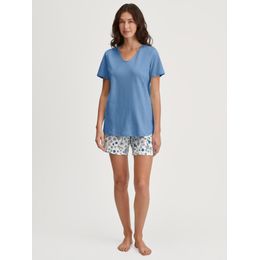 Shorty Calida "Blooming Nights", Damen, Gr. S (40/42), blau (riviera blau), Single Jersey, Obermaterial: 100% Baumwolle, bequem kurz, V-Ausschnitt, Homewear-Sets Shorty, Hose gebl&uuml;mt, Oberteil uni, V-Ausschnitt, kurz&auml;rmelig
