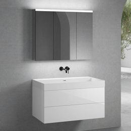 neoro n50 Unterschrank B: 100 cm mit 2 Ausz&uuml;gen, Waschtisch ohne Hahnloch wei&szlig; matt, mit Spiegelschrank,, BN0135WM+BN0423WH+BN0474MI,