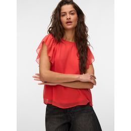 V&eacute;ro Moda R&uuml;schentop VERO MODA "VMSMILLA S/L FRILL O-NECK TOP WVN", Damen, Gr. M, poinsettia, Web, Obermaterial: 100% Polyester, unifarben, normal normal, Rundhals, R&uuml;schen, Tops R&uuml;schentop, Kunstfaser, normal geschnitten