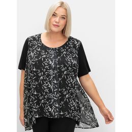 Blusenshirt sheego "Blusenshirt", Damen, Gr. 42, schwarz, wei&szlig;, gemustert, 95% Viskose, 5% Elasthan, Webware:100% Polyester, gebl&uuml;mt, gemustert, mehrfarbig, Rundhals, Shirts Blusenshirt