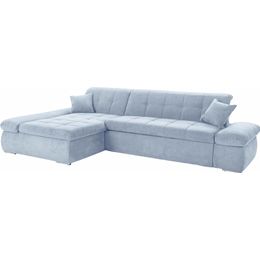 Ecksofa DOMO collection "NMORIC XXL, 300x172x80cm, L-Form", blau (pastelblau), B:300cm H:80cm T:172cm, Chenille (85% Polyester, 15% Acryl);Luxus-Microfaser (100% Polyester);Struktur ( 100% Polyester);Microfaser PRIMABELLE (100% Polyester), Sofas, Ecksofa, wahlweise mit Bettfunktion und Armlehnverstellung