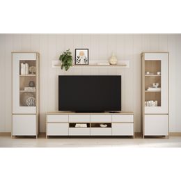 Wohnwand Home Affaire "Stranda, moderne Anbauwand, Komplettset im Scandi-Style", wei&szlig; (wei&szlig; skandi eiche), B:339cm H:195cm T:39cm, Holzwerkstoff, Kastenm&ouml;bel-Sets, Wohnwand, enth&auml;lt zwei Vitrinen, Lowboard und Wandboard, 344 cm breit