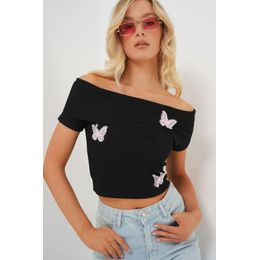 Schmetterlings-Applikation Off-Shoulder Kurzarm Cropped Top