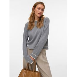 V&eacute;ro Moda Strickpullover VERO MODA "VMGOLD LS O-NECK DOUBLE CONTRAST PULL", Damen, Gr. M, medium grau melange detail:with birch, Strick, Obermaterial: 50% Viskose, 28% Polyester, 22% Nylon, unifarben mit Farbeinsatz, regular fit normal, Rundhals, Pullover Strickpullover