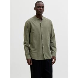 Jack & Jones Langarmhemd JACK & JONES "JJEBREEZE LINEN BLEND BAND SHIRT L/S SN", Herren, Gr. L, N-Gr, dusty olive, Web, Obermaterial: 70% Baumwolle, 30% Leinen, unifarben, Hemden, mit Stehkragen