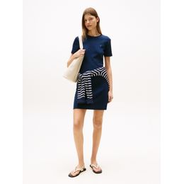Shirtkleid Tommy Hilfiger "NEW CODY STR SLIM SHORT DRS SS", Damen, Gr. S (36), N-Gr, blau (schwarz night navy), Jersey, Obermaterial: 100% Baumwolle, unifarben, slim fit, Rundhals, Kleider Shirtkleid, mit allover Streifendessin, Logo-Flag