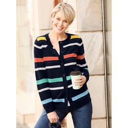 Ajourstrickjacke Classic Basics, Damen, Gr. 40, blau (marine, grapefruit, geringelt), 100% Polyacryl, gemustert, gestreift, mehrfarbig, Strickjacken Ajourstrickjacke