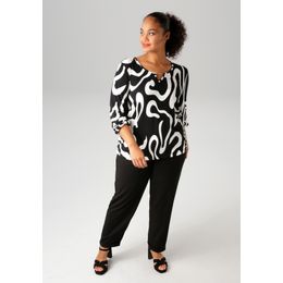Langarmshirt ANISTON PLUS, Damen, Gr. 44, schwarz-wei&szlig; (schwarz, wei&szlig;), Single Jersey, Obermaterial: 95% Viskose, 5% Elasthan, bedruckt, gemustert, figurumspielend Po-bedeckend, Rundhals, elastischer Bund mit Gummizug, Shirts Langarmshirt, mit gro&szlig;fl&auml;chigem, grafischen Druck, Topseller