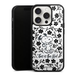 DeinDesign iPhone 15 Pro Handy Gallery Case Handyh&uuml;lle 9H Geh&auml;rtetes Glas R&uuml;ckseite H&uuml;lle Peanuts Flowers Snoopy Gallery Case