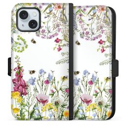 DeinDesign iPhone 15 Handy Klapph&uuml;lle Handyh&uuml;lle aus Kunst Leder schwarz Flip Case Meadow Nature Flowers Sideflip mit Lasche