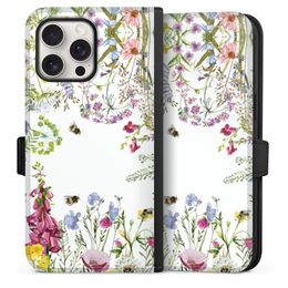 DeinDesign iPhone 15 Pro Max Handy Klapph&uuml;lle Handyh&uuml;lle aus Kunst Leder schwarz Flip Case Meadow Nature Flowers Sideflip mit Lasche