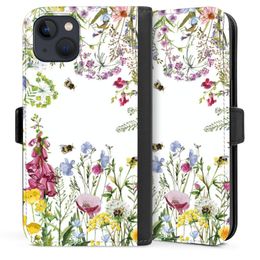 DeinDesign iPhone 13 Handy Klapph&uuml;lle Handyh&uuml;lle aus Kunst Leder schwarz Flip Case Meadow Nature Flowers Sideflip mit Lasche
