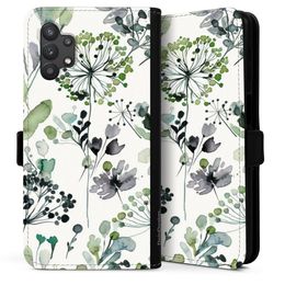 DeinDesign Galaxy A32 5G Handy Klapph&uuml;lle Handyh&uuml;lle aus Kunst Leder schwarz Flip Case Flowers Eukalyptus Water Colour Sideflip mit langer Lasche