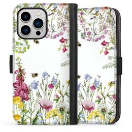 DeinDesign iPhone 13 Pro Handy Klapph&uuml;lle Handyh&uuml;lle aus Kunst Leder schwarz Flip Case Meadow Nature Flowers Sideflip mit Lasche