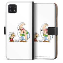 DeinDesign Galaxy A22 5G Handy Klapph&uuml;lle Handyh&uuml;lle aus Kunst Leder schwarz Flip Case Obelix Official Licensed Product Asterix Sideflip mit langer Lasche