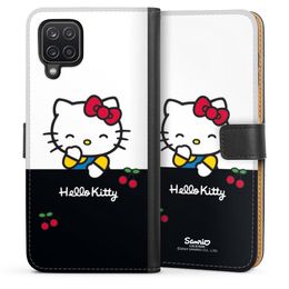 DeinDesign Galaxy A12 Handy Klapph&uuml;lle Handyh&uuml;lle aus Kunst Leder schwarz Flip Case Official Licensed Product Cherry Hello Kitty Sideflip mit langer Lasche