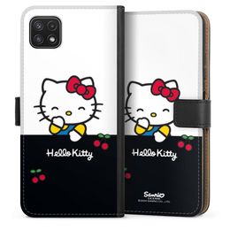 DeinDesign Galaxy A22 5G Handy Klapph&uuml;lle Handyh&uuml;lle aus Kunst Leder schwarz Flip Case Hello Kitty Cherry Official Licensed Product Sideflip mit langer Lasche