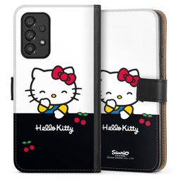 DeinDesign Galaxy A33 5G Handy Klapph&uuml;lle Handyh&uuml;lle aus Kunst Leder schwarz Flip Case Official Licensed Product Cherry Hello Kitty Sideflip mit langer Lasche