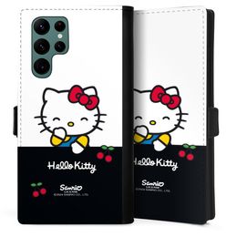 DeinDesign Galaxy S22 Ultra Handy Klapph&uuml;lle Handyh&uuml;lle aus Kunst Leder schwarz Flip Case Hello Kitty Cherry Official Licensed Product Sideflip mit langer Lasche