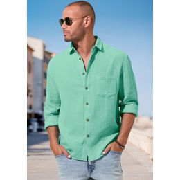 Beach Time Langarmhemd BEACHTIME "Regular fit", Herren, Gr. S (37/38), N-Gr, mint, Web, Obermaterial: 100% Baumwolle, unifarben, regular fit normal, Rundhals, 2-Knopf-Manschette, Hemden, Langarm, Freizeithemd aus Musselin-Ware