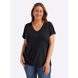T-Shirt sheego "Halbarmshirt", Damen, Gr. 44/46, schwarz, 70% Modal, 30% Polyester, unifarben, V-Ausschnitt, Shirts T-Shirt