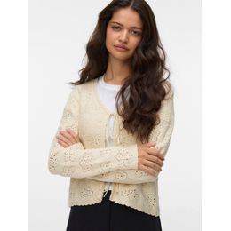 V&eacute;ro Moda Strickjacke VERO MODA "VMAVA LS V-NECK TIE STRING CARDIGAN", Damen, Gr. L, birch, Strick, Obermaterial: 100% Baumwolle, unifarben, normal, V-Ausschnitt, Strickjacken Strickjacke, Baumwolle, gewellte Strickb&uuml;ndchen