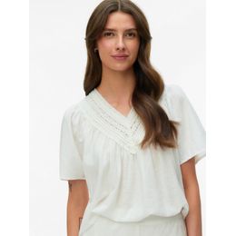 V&eacute;ro Moda Kurzarmbluse VERO MODA "VMKARLA S/S V-NECK TOP WVN BTQ", Damen, Gr. L, snow wei&szlig;, Web, Obermaterial: 100% Baumwolle, unifarben, normal, V-Ausschnitt, Blusen, Baumwolle