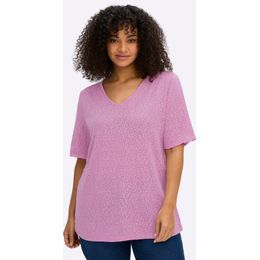 Rundhalsshirt sheego "T-Shirt", Damen, Gr. 40/42, orchidee, 60% Baumwolle, 40% Polyester, gemustert, V-Ausschnitt, Shirts Rundhalsshirt
