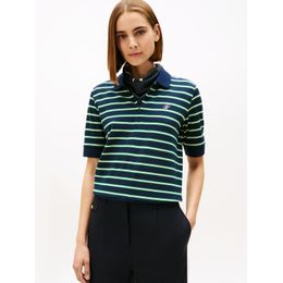Poloshirt Tommy Hilfiger "TH SCRIPT LYOCELL ZIP SS POLO", Damen, Gr. XXXL(46), blau (navy, nouv gr&uuml;n, calico multi stp), Single Jersey, Obermaterial: 65% Lyocell, 32% Baumwolle, 3% Elasthan, gestreift, regular fit, Shirts