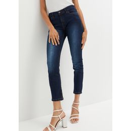 7/8-Jeans bonprix "Slim Fit Jeans Mid Waist, cropped", Damen, Gr. 42, N-Gr, blau (dunkelblau used), Denim/Jeans, Obermaterial: 82% Baumwolle, 17% Polyester, 1% Elasthan, unifarben, slim fit 7/8-L&auml;nge, Jeans, Slim fit Passform, aus Baumwollmischung, mit vier Taschen
