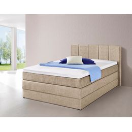Boxspringbett Hapo, beige, Liegefl&auml;che B/L: 140cm x 200cm, kein H&auml;rtegrad, 7-Zonen-Kaltschaummatratze, Kopfteil, seitliche Unterbox und Obermatratze sind mit pflegeleichtem Feinstrukturstoff in Leinenoptik (100% Polyester) bezogen;Die Oberseite der Unterfederung und die Ober- und Unterseite der Obermatratze sind jeweils mit einem rutschhemmenden Stoff aus 100% Polyester bespannt., Komplettbetten, 