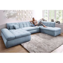 Wohnlandschaft DOMO collection "NMORIC im XXL-Format, 353x216x80 cm, inkl. Zierkissen U-Form", blau (pastelblau), B:353cm H:80cm T:216cm, Microfaser PRIMABELLE (100% Polyester);Chenille (85% Polyester, 15% Acryl);Luxus-Microfaser (100% Polyester);Struktur ( 100% Polyester), Sofas, Wohnlandschaft, wahlweise mit Bettfunktion und Armlehnenverstellung