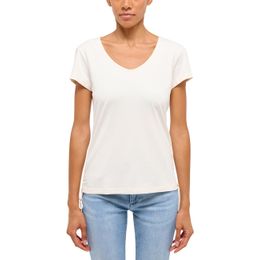 Kurzarmshirt Mustang "Damen Style Mexia", Damen, Gr. S, wei&szlig; (sanftes wei&szlig;), Strick, 47% Baumwolle, 47% Modal, 6% Elasthan, V-Ausschnitt, Shirts