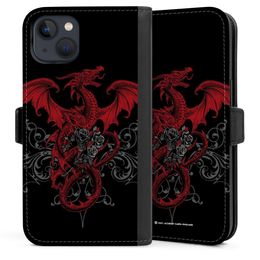 DeinDesign iPhone 13 Handy Klapph&uuml;lle Handyh&uuml;lle aus Kunst Leder schwarz Flip Case Red Dragon Gothic Sideflip mit Lasche