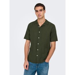Only & Sons Kurzarmhemd ONLY & SONS "ONSCAIDEN SS SOLID RESORT LINEN NOOS", Herren, Gr. M, N-Gr, gr&uuml;n (kambaba), Web, Obermaterial: 55% Baumwolle, 45% Leinen, unifarben, slim fit, Hemden