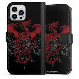 DeinDesign iPhone 13 Pro Max Handy Klapph&uuml;lle Handyh&uuml;lle aus Kunst Leder schwarz Flip Case Red Dragon Gothic Sideflip mit langer Lasche