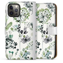 DeinDesign iPhone 12 Pro Max Handy Klapph&uuml;lle Handyh&uuml;lle aus Kunst Leder wei&szlig; Flip Case Eukalyptus Water Colour Flowers Sideflip mit Lasche