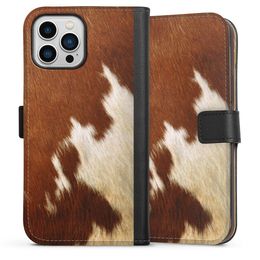 DeinDesign iPhone 13 Pro Max Handy Klapph&uuml;lle Handyh&uuml;lle aus Kunst Leder schwarz Flip Case Fur Cow Animal Look Sideflip mit langer Lasche