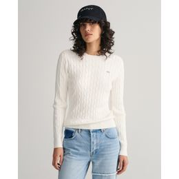 Strickpullover Gant "STRETCH COTTON CABLE C-NECK", Damen, Gr. L, beige (eggshell), Strick, Obermaterial: 88% Baumwolle, 10% Polyamid, 2% Elasthan, Zopfmuster, schmal h&uuml;ftlang, Rundhals, Rippstrickb&uuml;ndchen, Pullover Strickpullover, mit Logostickerei auf der Brust
