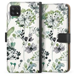 DeinDesign Galaxy A22 5G Handy Klapph&uuml;lle Handyh&uuml;lle aus Kunst Leder schwarz Flip Case Flowers Water Colour Eukalyptus Sideflip mit langer Lasche