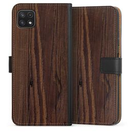 DeinDesign Galaxy A22 5G Handy Klapph&uuml;lle Handyh&uuml;lle aus Kunst Leder schwarz Flip Case Nut Tree Wood Wooden Look Sideflip mit langer Lasche