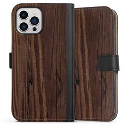 DeinDesign iPhone 13 Pro Max Handy Klapph&uuml;lle Handyh&uuml;lle aus Kunst Leder schwarz Flip Case Wooden Look Wood Nut Tree Sideflip mit langer Lasche
