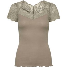 Spitzenshirt rosemunde "Beatha Lace Capsleeve T-Shirt mit Seide", Damen, Gr. M, gr&uuml;n (khaki), Feinstrick, Obermaterial: 55% Seide, 45% Baumwolle, durchscheinend, gebl&uuml;mt, unifarben, eng h&uuml;ftbedeckend, V-Ausschnitt, Spitze, Shirts, wundersch&ouml;ne elastisch weiche Vintage-Spitze an Ausschnitt und &Auml;rmeln