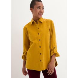 Langarmbluse bonprix "Cord-Hemd mit Seitenschlitz", Damen, Gr. 46, gelb (ockergold), Obermaterial: 98% Baumwolle, 2% Elasthan, loose fit, Blusen, lockere Passform, f&uuml;r den Alltag, aus Cord, mit Hemdblusenkragen